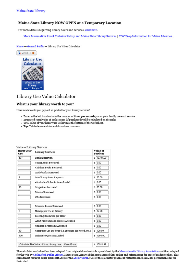 Library Use Value Calculator - Maine State Library | Download Free PDF ...