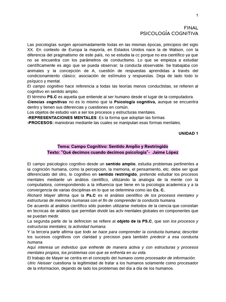 Final PS Cognitiva | PDF | Sicología | Mente