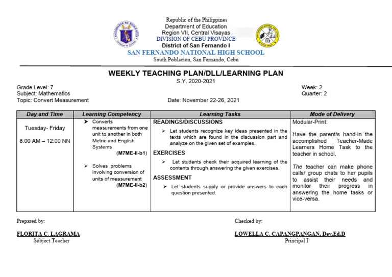Q2-WEEK 2 - Weekly-Teaching-Plan | PDF | Learning | Teachers