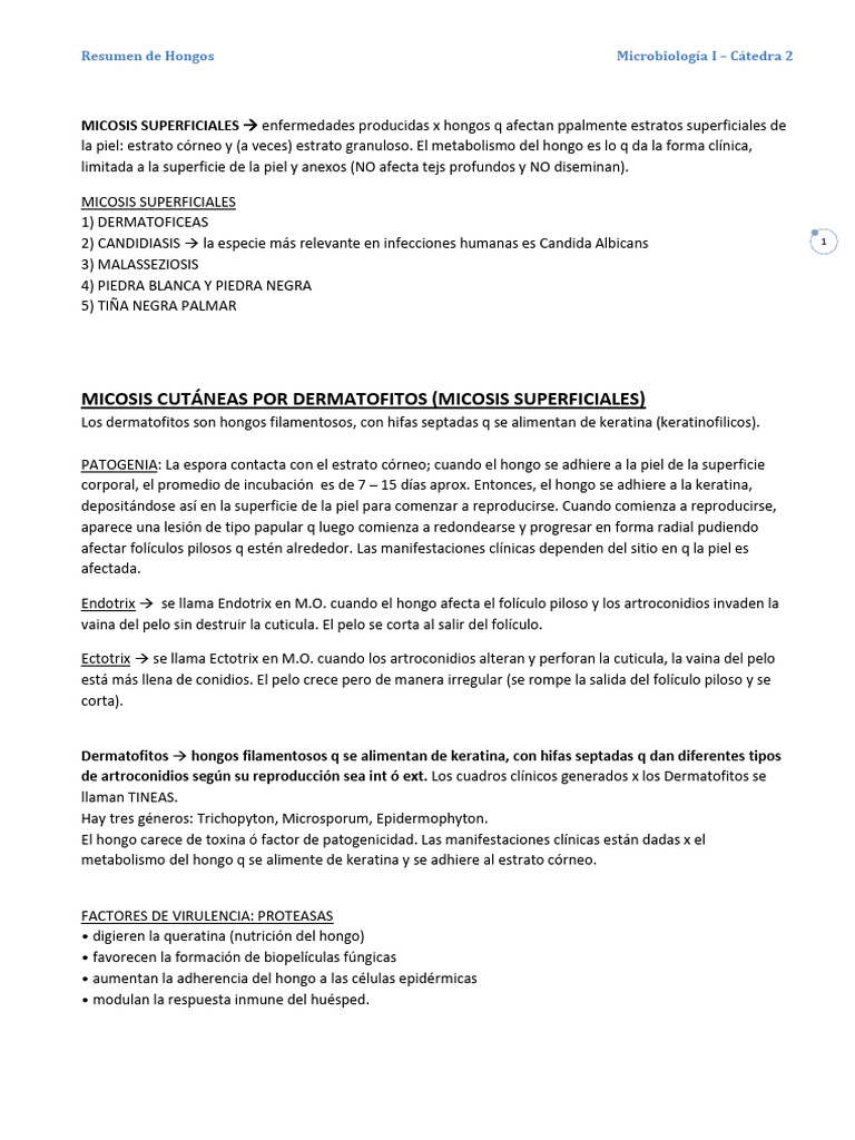 Resumen Final Micro 1 Hongos | PDF | Especialidades Medicas | Medicina CLINICA