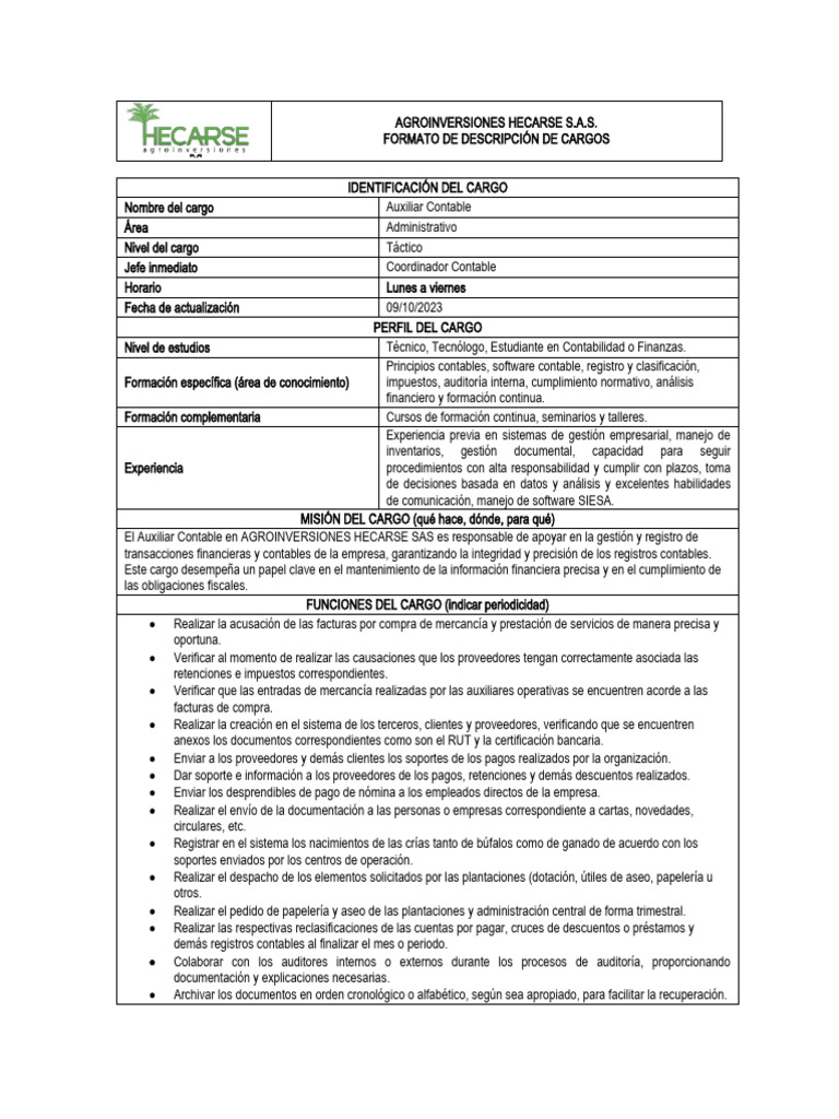 Manual de Funciones Auxiliar Contable | PDF | Contabilidad | Auditoría