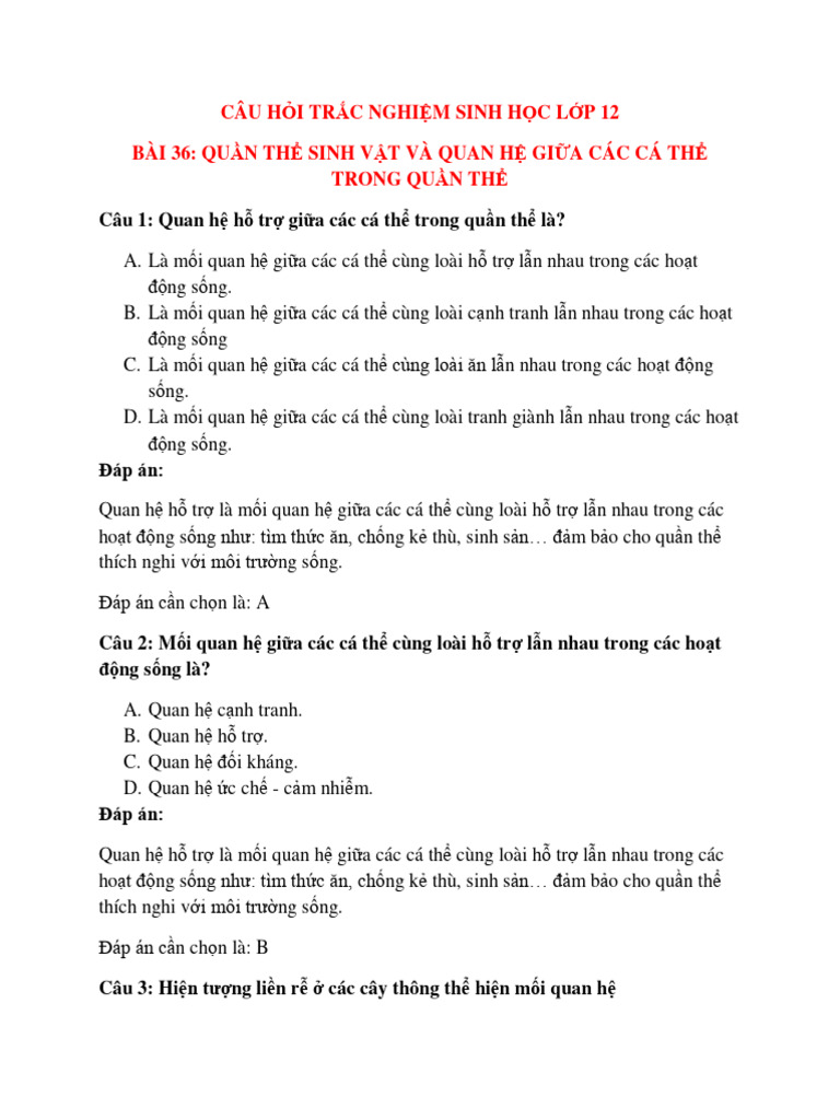28 Cau Trac Nghiem Sinh Hoc 12 Bai 36 Co Dap An 2023 Quan The Sinh Vat | PDF