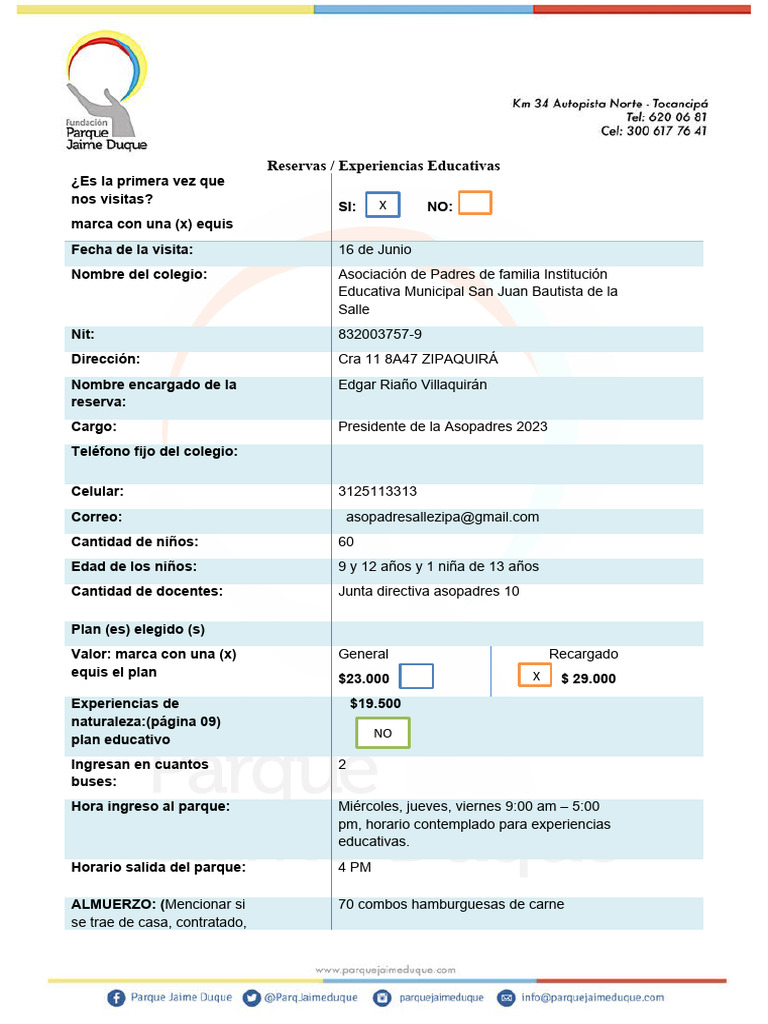 Formato Reservas Grupos Escolares-Mr | PDF