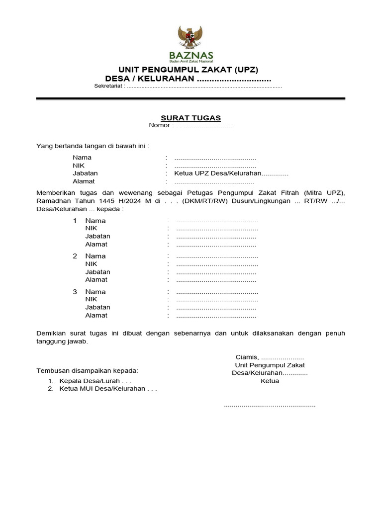Surat Tugas Pengumpul Zakat Fitrah (TPZ) | PDF