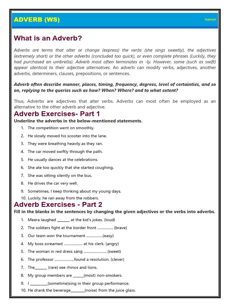 Adverb (Worksheet) | PDF | Adverb | Syntax
