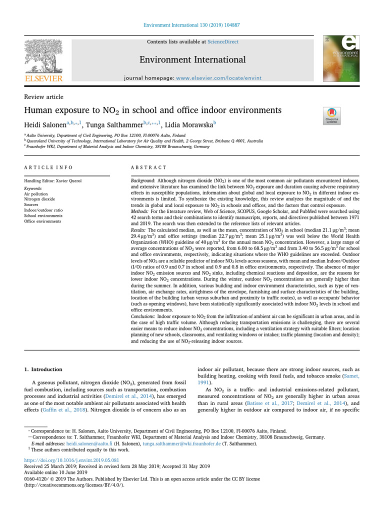 Indoor NO2 Exposure in Schools and Offices | PDF | Nitrogen Dioxide ...