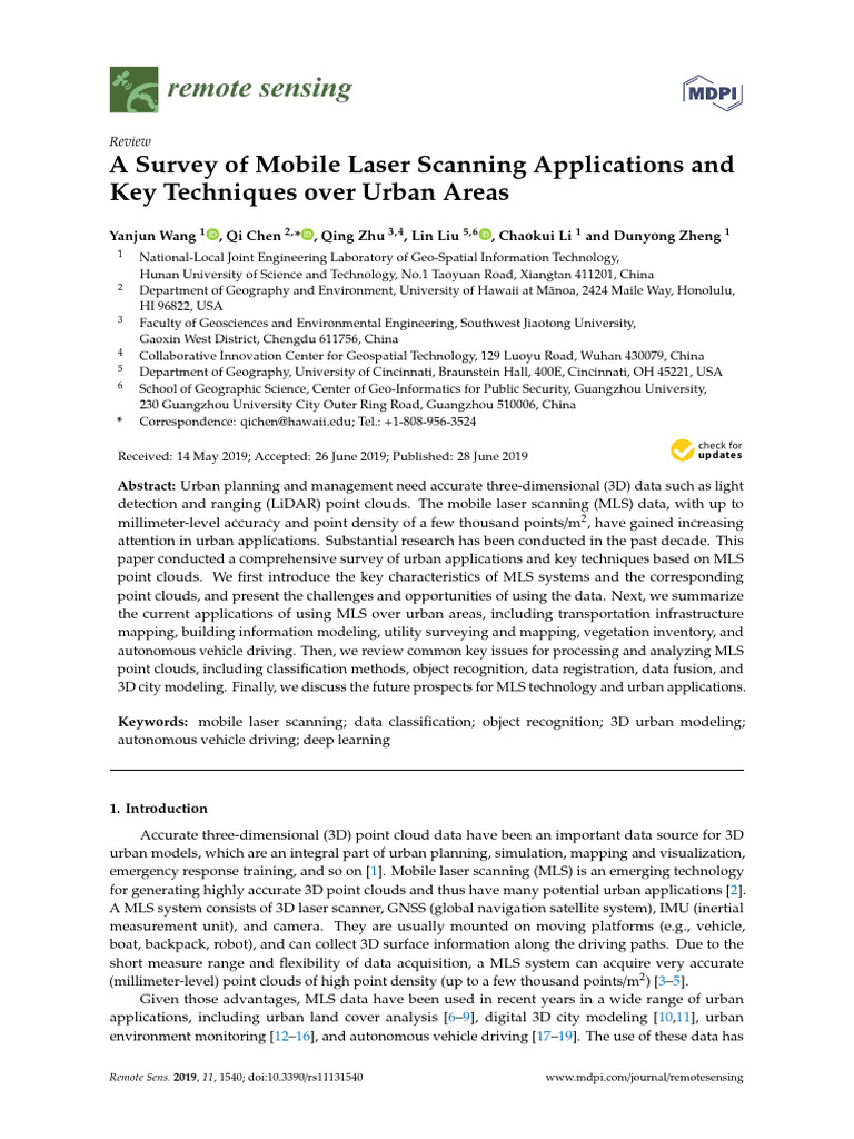 A Survey Of Mobile Laser Scanning Applications And Key Techniques Over Urban Areasremote Sensing