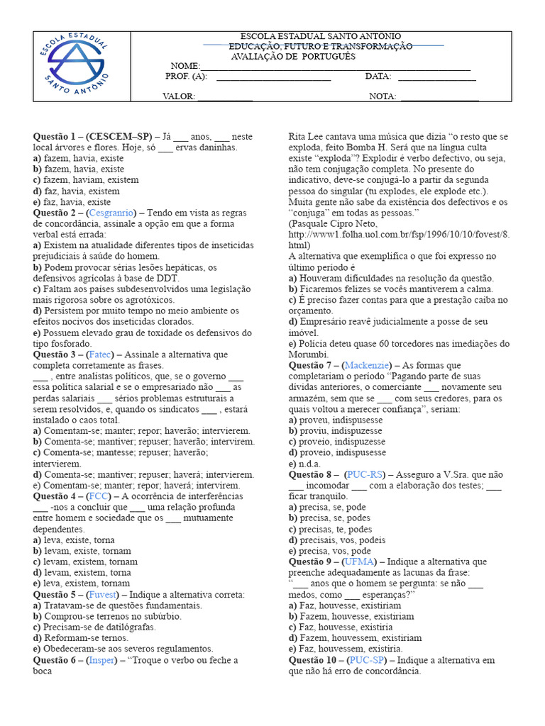 Prova Concordancia Verbal | PDF | Cor