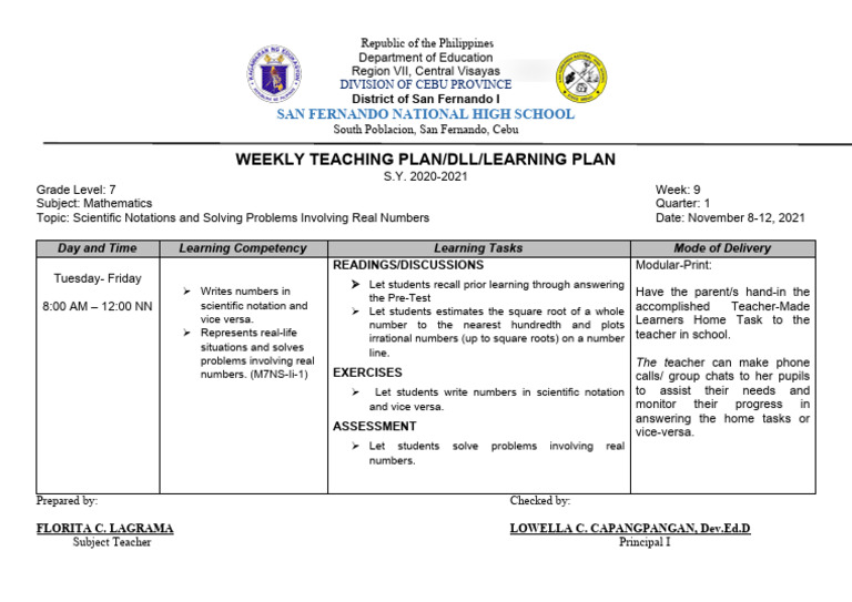Q1-WEEK 9 - Weekly-Teaching-Plan | PDF | Cognitive Science | Education Theory
