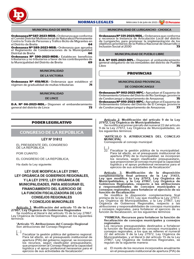 Modificaciones a la Ley N° 31812 | PDF | Presupuesto | Gobierno