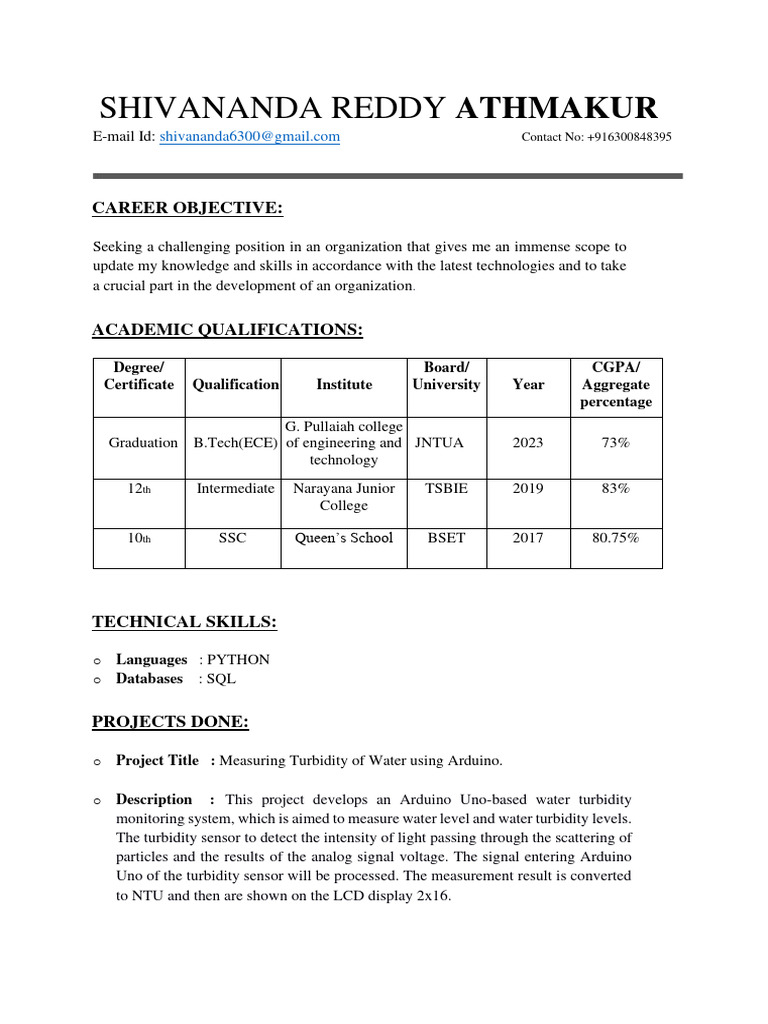 B.Tech ECE Resume of Shivananda Reddy | PDF