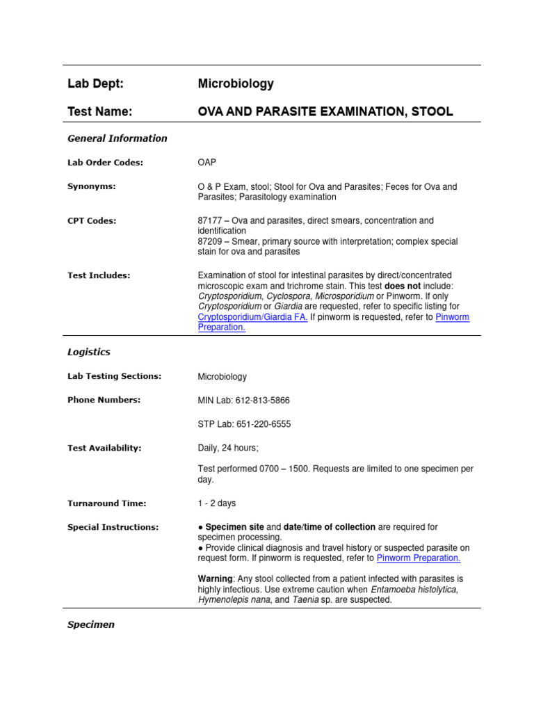 Ova and Parasite Examination Stool | PDF | Diseases And Disorders ...