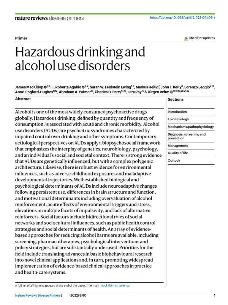 Hazardous Drinking and Alcohol Use Disorders: Disease Primers | PDF ...