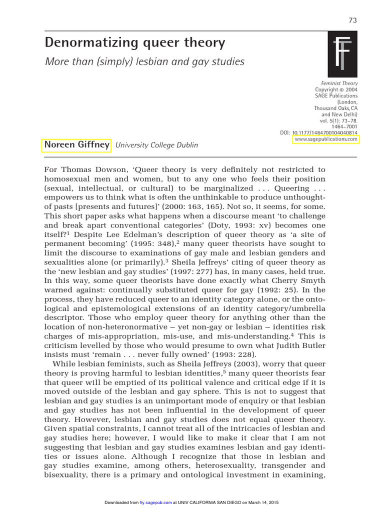 Denormatizing Queer Theory More Than (Simply) Lesbian - Giffney, Noreen | PDF | Queer Theory ...