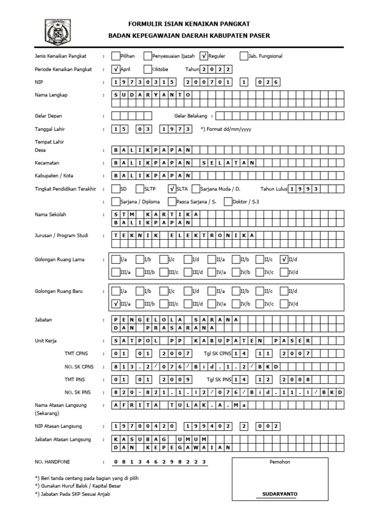 Formulir Isian Kenaikan Pangkat 2023 | PDF