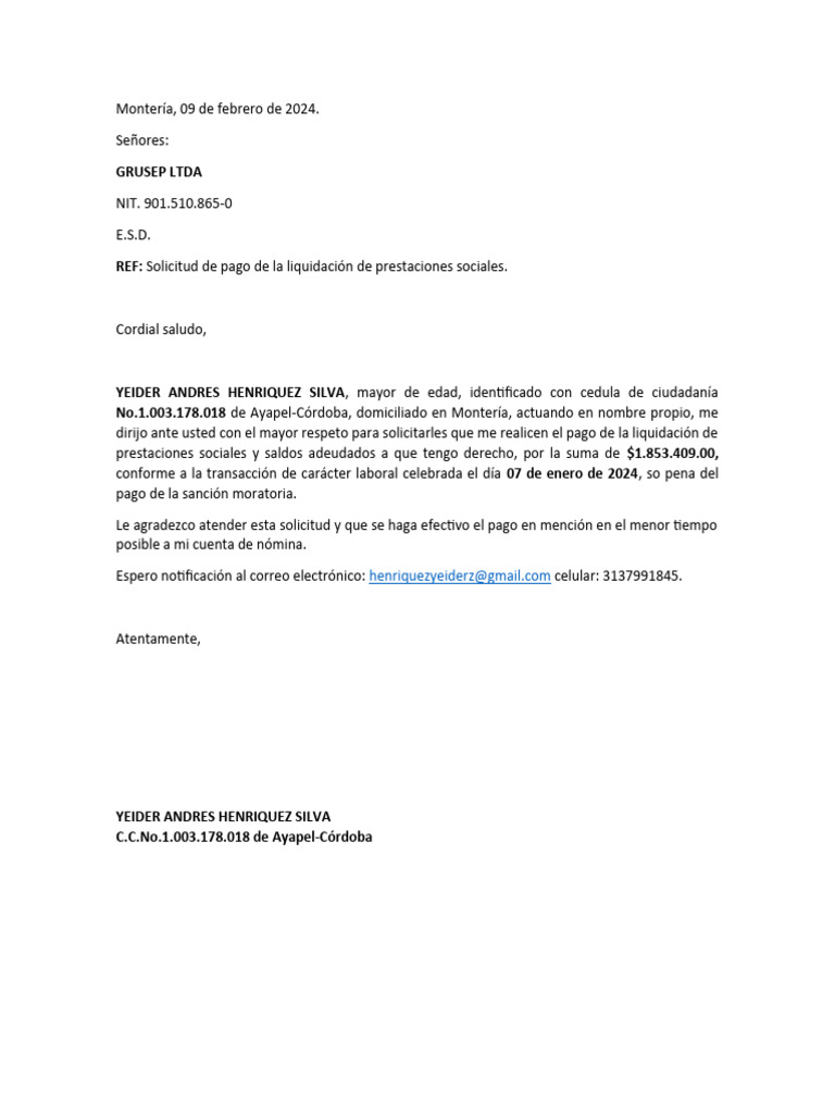 Solicitud de Pago de Prestaciones Sociales Yeider | PDF