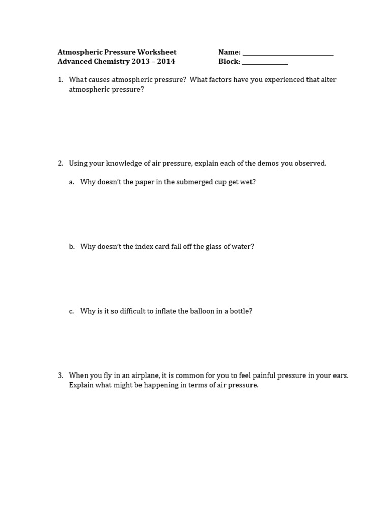 Atmospheric Pressure Worksheet1 | PDF