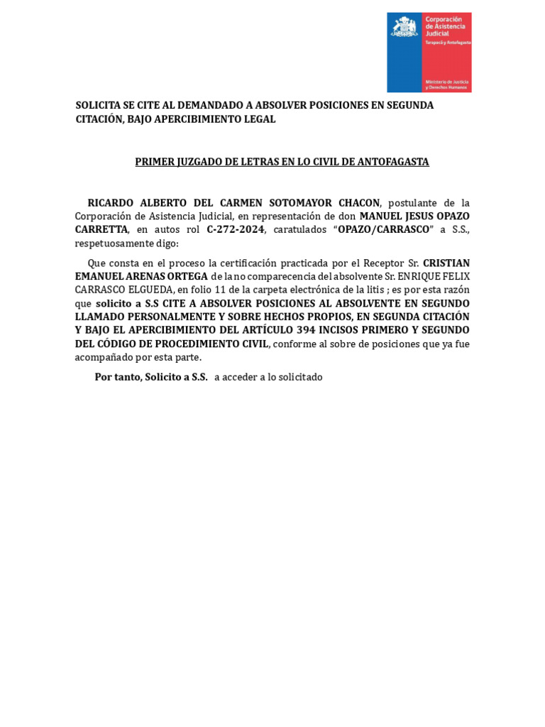 Solicita Absolver Posiciones en Segunda Instancia C 272-2024 | PDF Solicita Absolver Posiciones en Segunda Instancia C 272-2024 | PDF