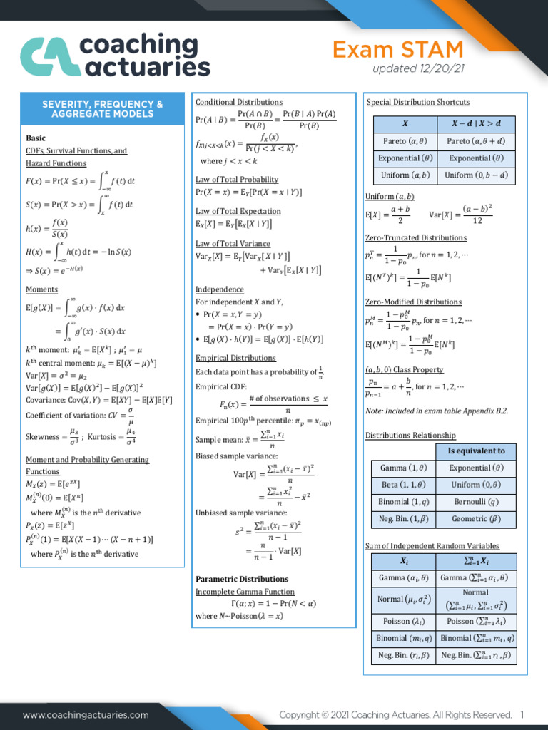 Stam Formula Sheet | PDF | Statistics | Statistical Analysis