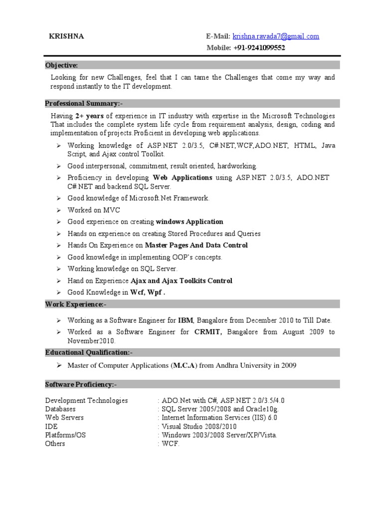 Krishna: +91-9241099552 Objective:: E-Mail: Mobile | PDF | Microsoft Sql Server | Web Application