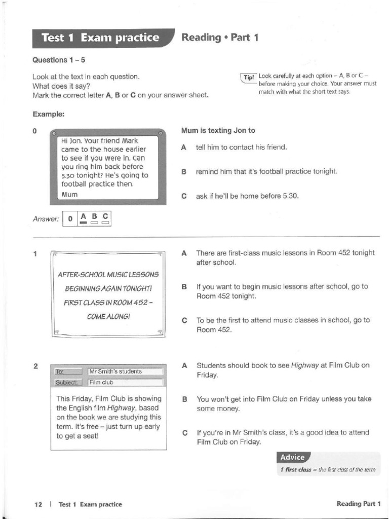 PET Practice - Reading Part 1 & 2 | PDF