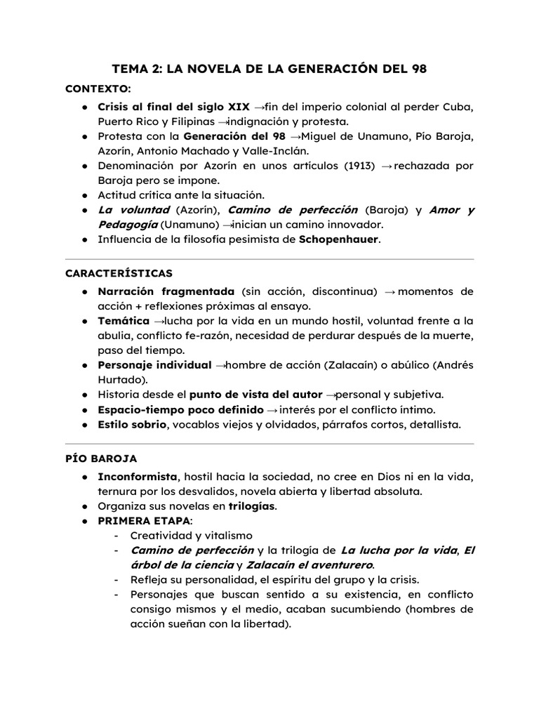 La Novela de la Generación del 98 | PDF