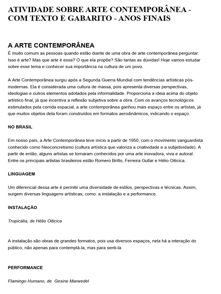 Atividade Sobre Arte Contemporânea | PDF | Arte contemporânea | Arte de rua