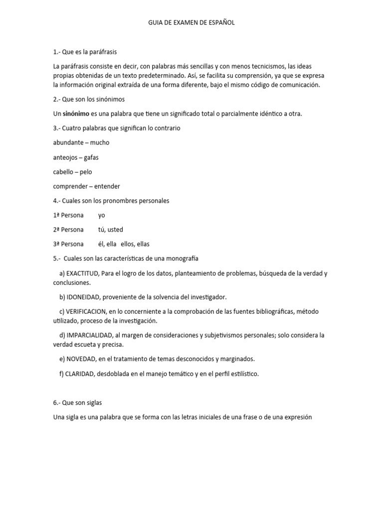 Guia de Examen de Español | PDF