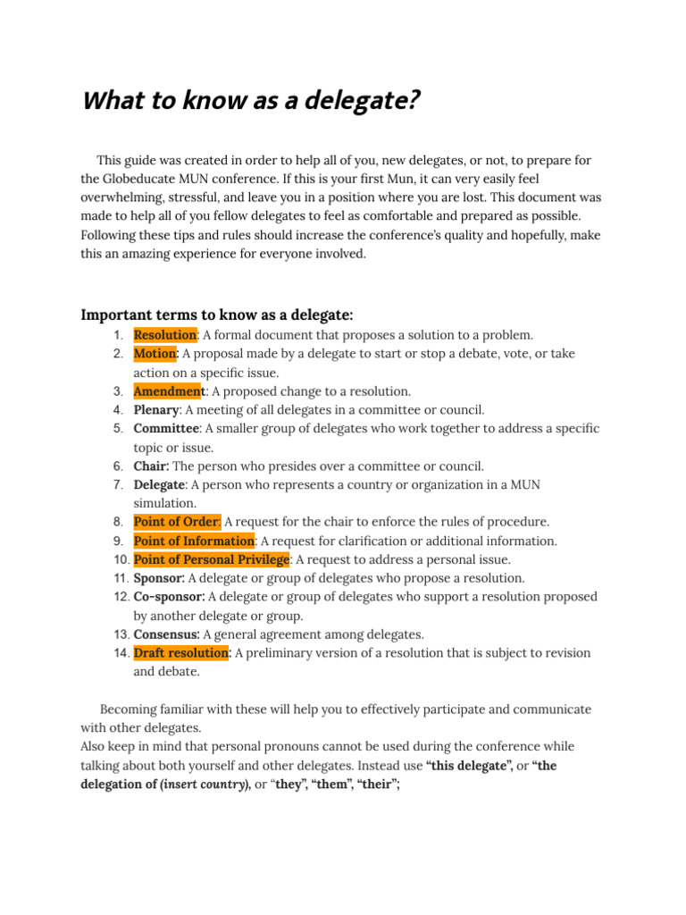 MUN Delegate Preparation Guide | PDF