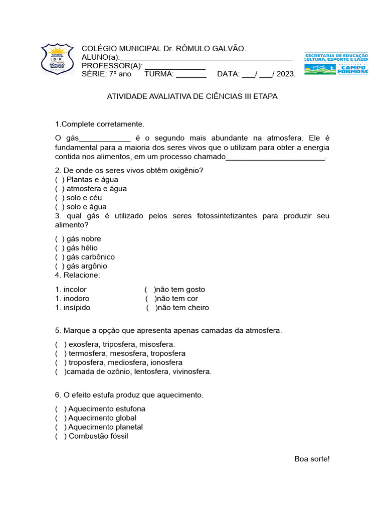 Atividade Avaliativa de Ciências Iii Etapa. 7C | PDF