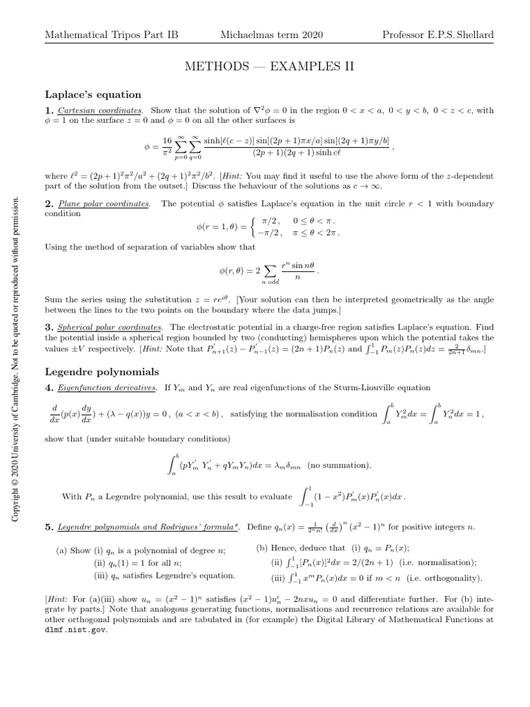 Part IB Methods Example Sheet 2 | PDF | Equations | Functions And Mappings