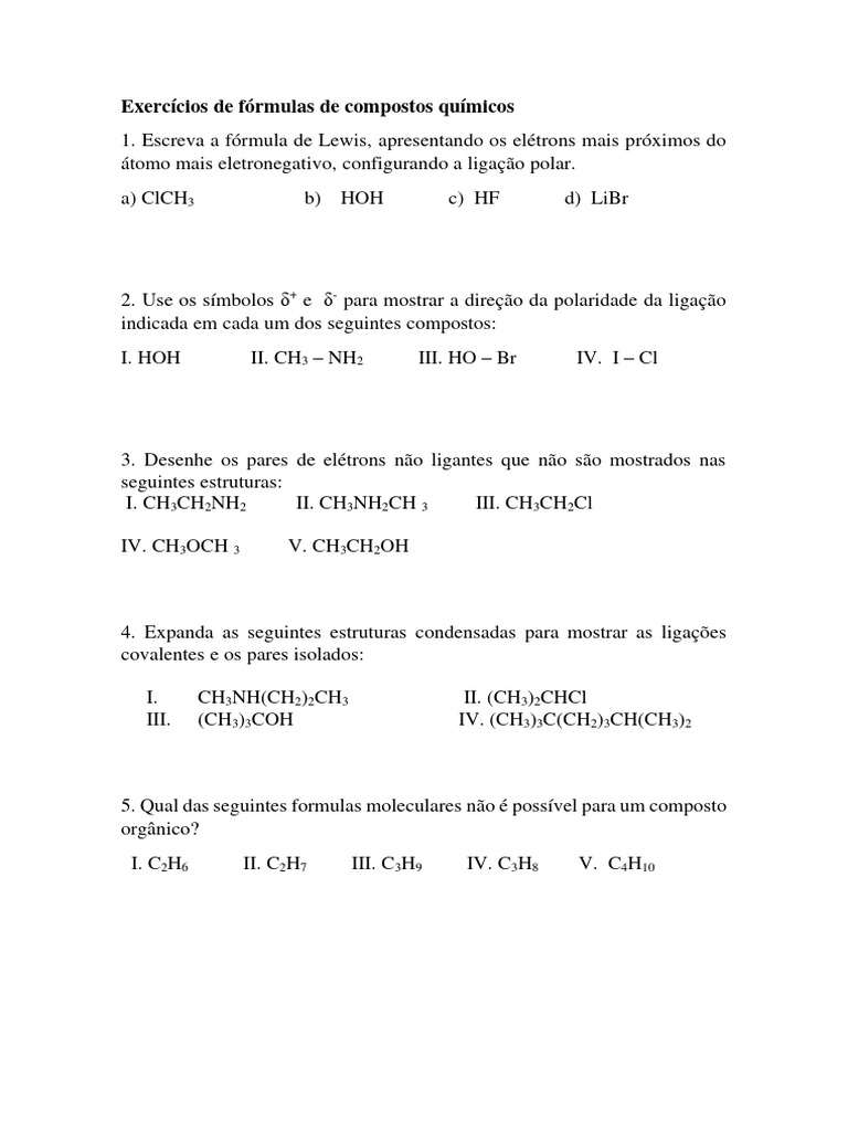Exercícios de Fórmulas de Compostos Químicos | PDF