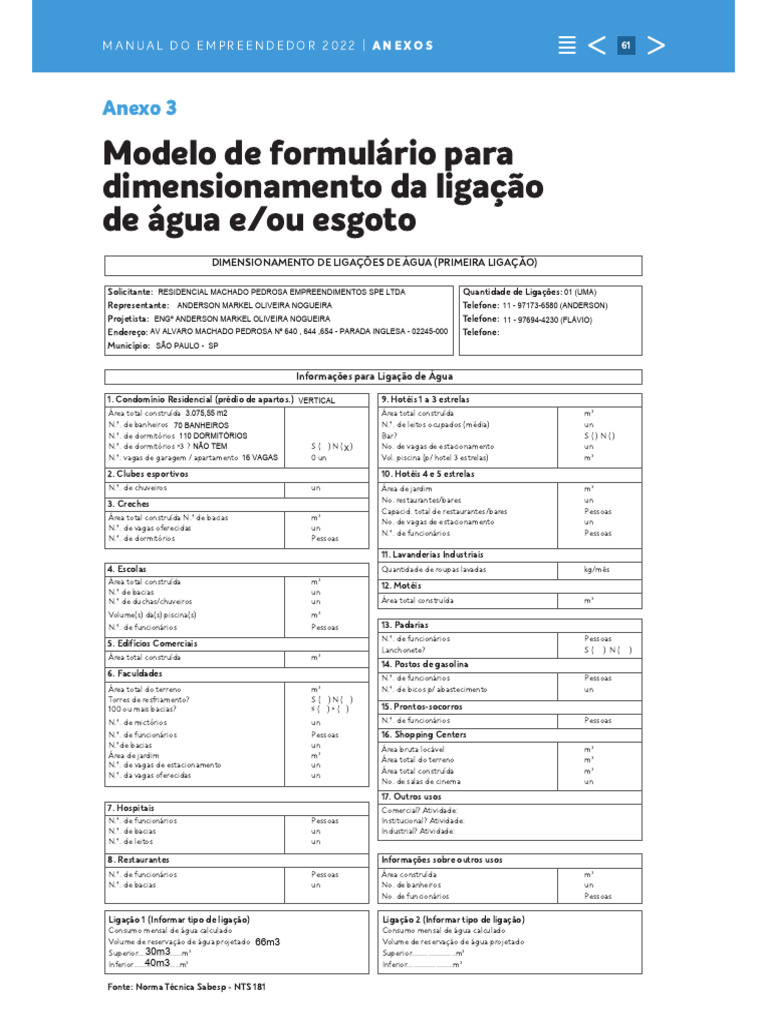 Anexo 3 Formulário para Dimensionamento Da Ligação de Água e Ou Esgoto ...