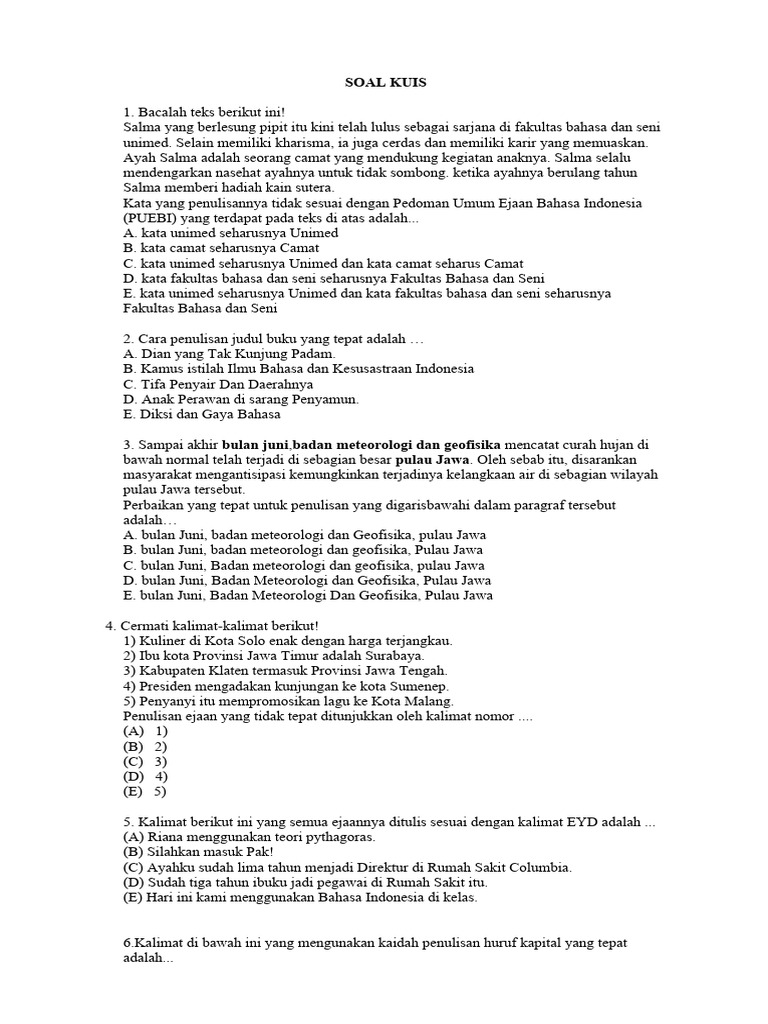 Soal Kuis Bahasa Indonesia | PDF