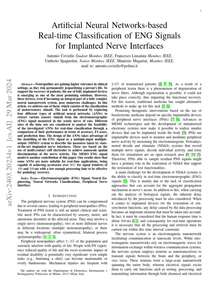 Artificial Neural Networks-Based Real-Time Classification of ENG Signals For Implanted Nerve ...