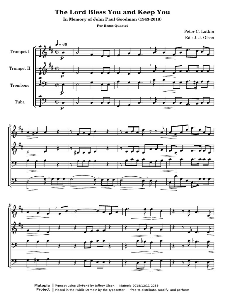 Brass Quartet Arrangement of Lutkin's Blessing | PDF | Music Production ...