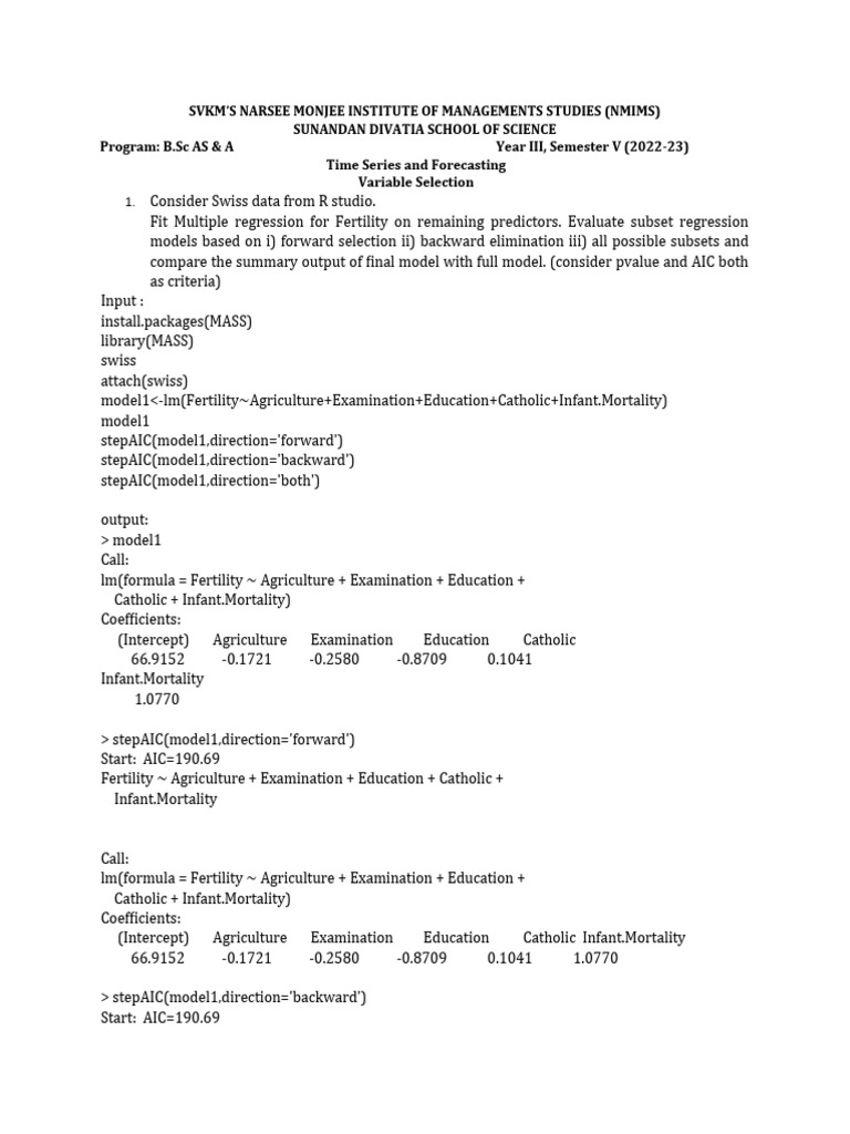 Prac3 - Variable Selection | PDF | Linear Regression | Dependent And Independent Variables