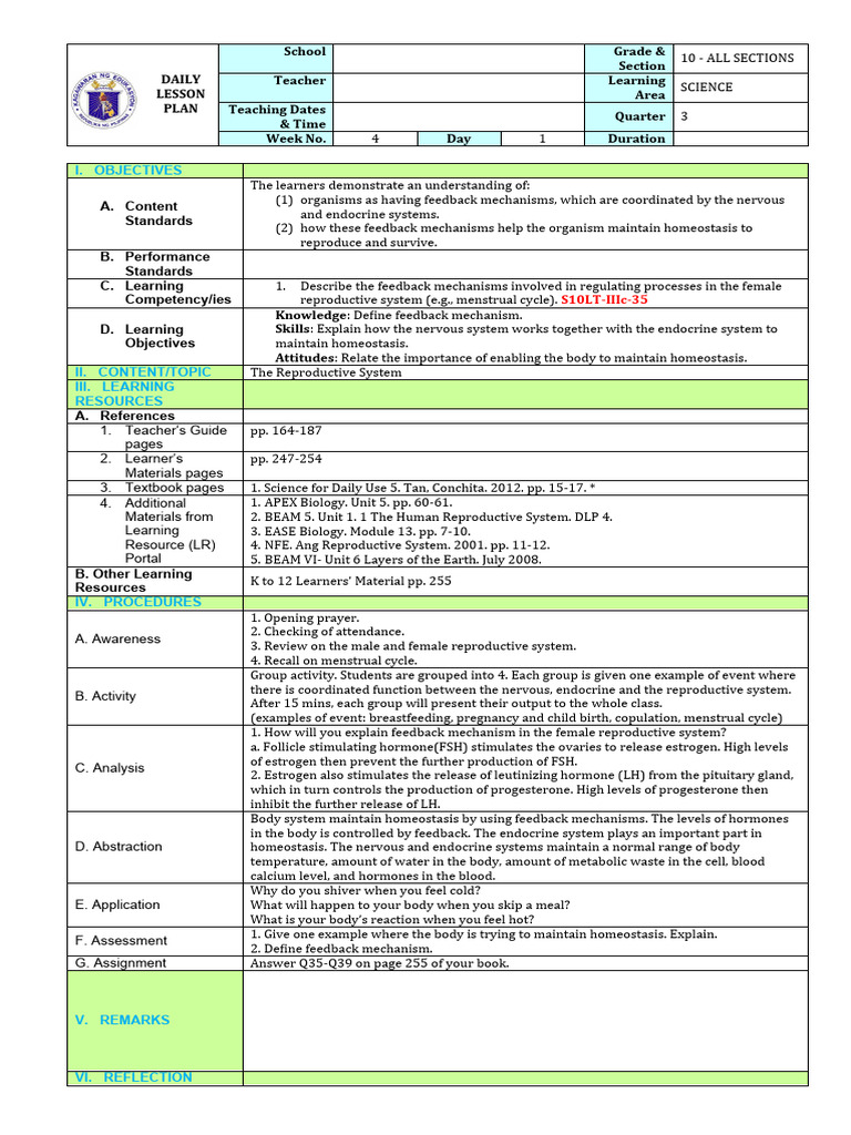 Science 10 DLP Q3W4D1 | PDF | Luteinizing Hormone | Menstrual Cycle
