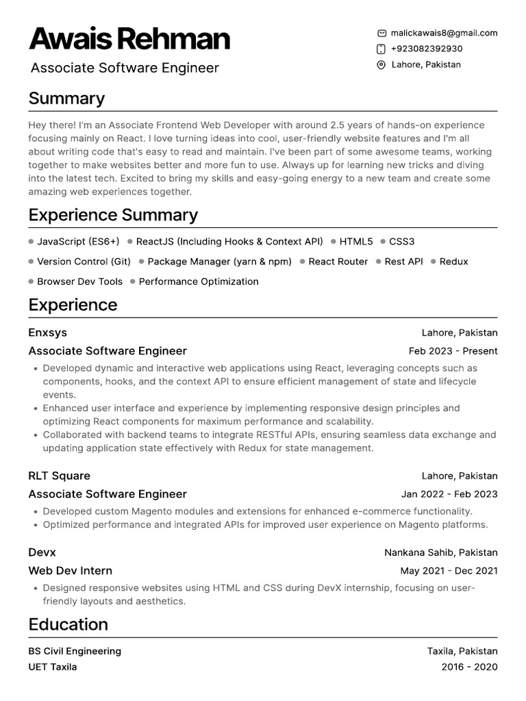 Awais Rehman Software Engineer | PDF | Web Development | Computing