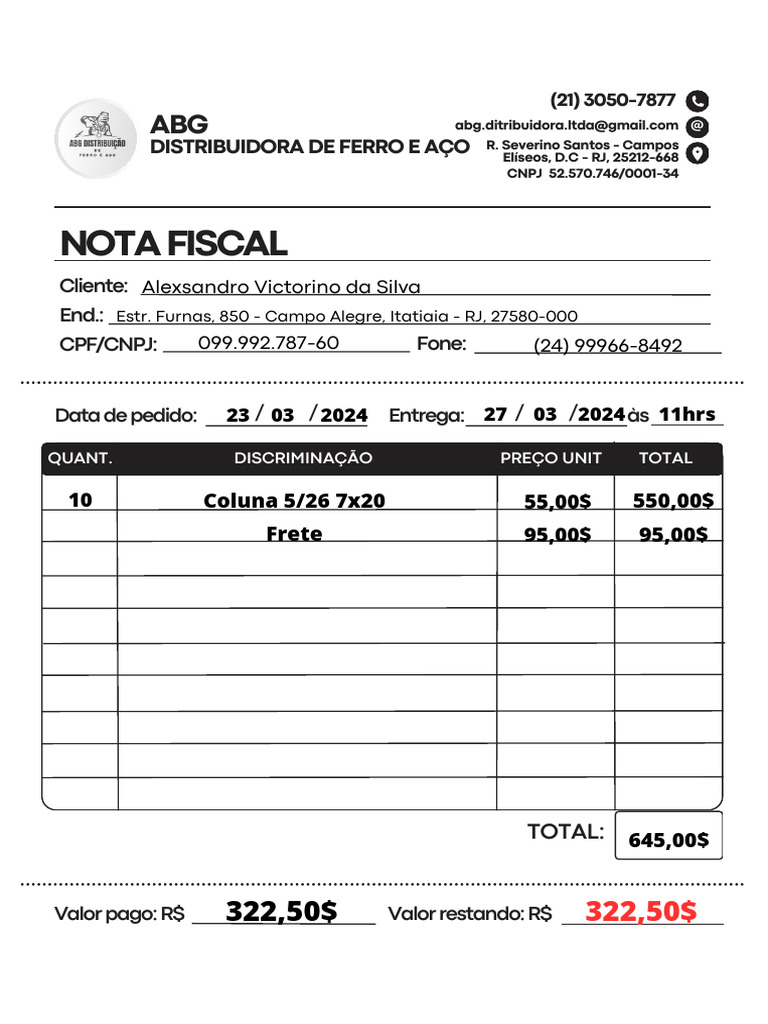 Cópia - Nota Fiscal de Ordem de Serviço Documento A5 Preto e Branco ...