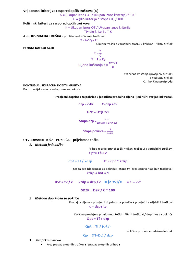 Formule - Upravljačko Računovodstvo | PDF