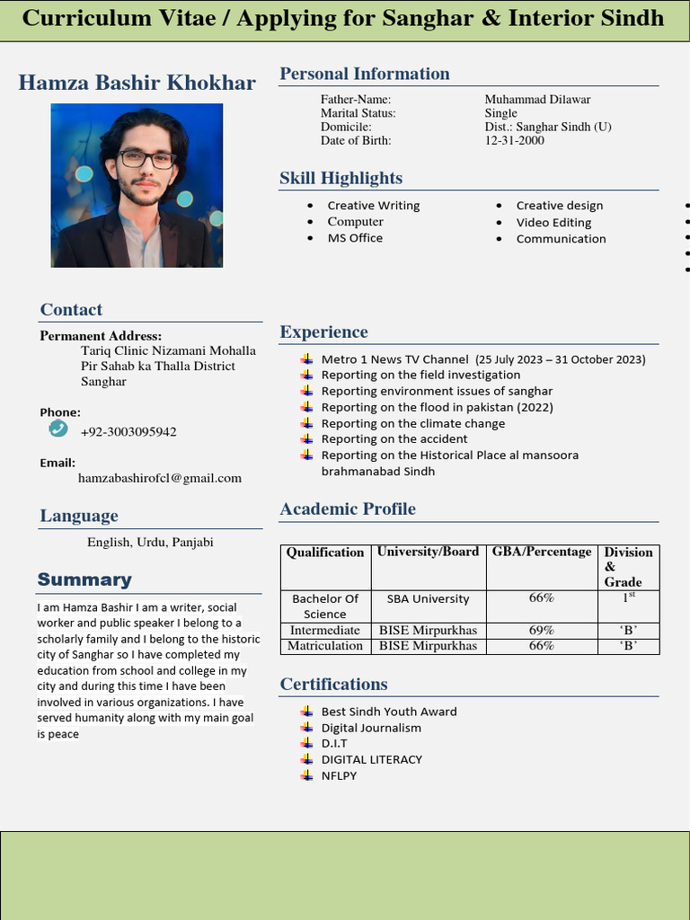 CV Hamza Bashir Khokhar | PDF | Human Communication