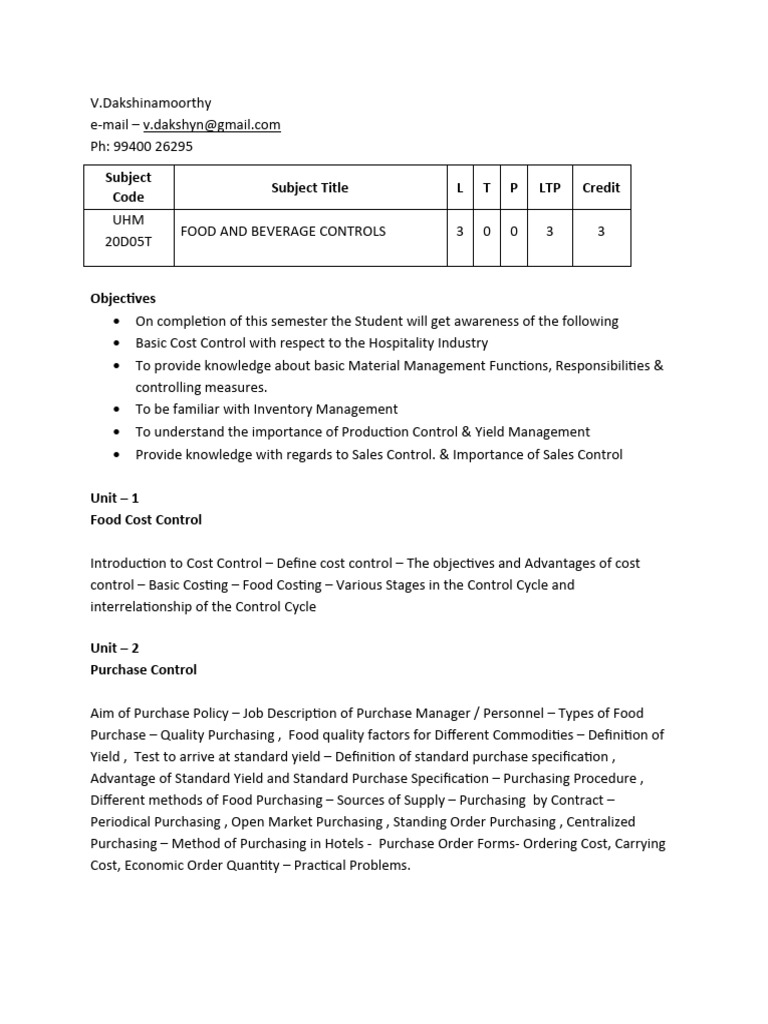 Food and Beverage Cost Control Guide | PDF | Procurement | Inventory