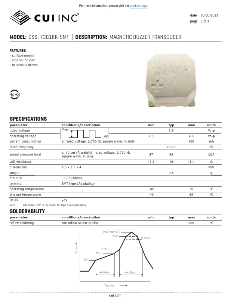 Css-73b16k-Smt Datasheet - Magnetic Buzzer Transducer - Cui Inc | PDF ...
