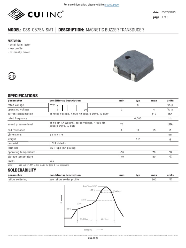 CSS-0575A-SMT Datasheet - MAGNETIC BUZZER TRANSDUCER - CUI Inc | PDF ...