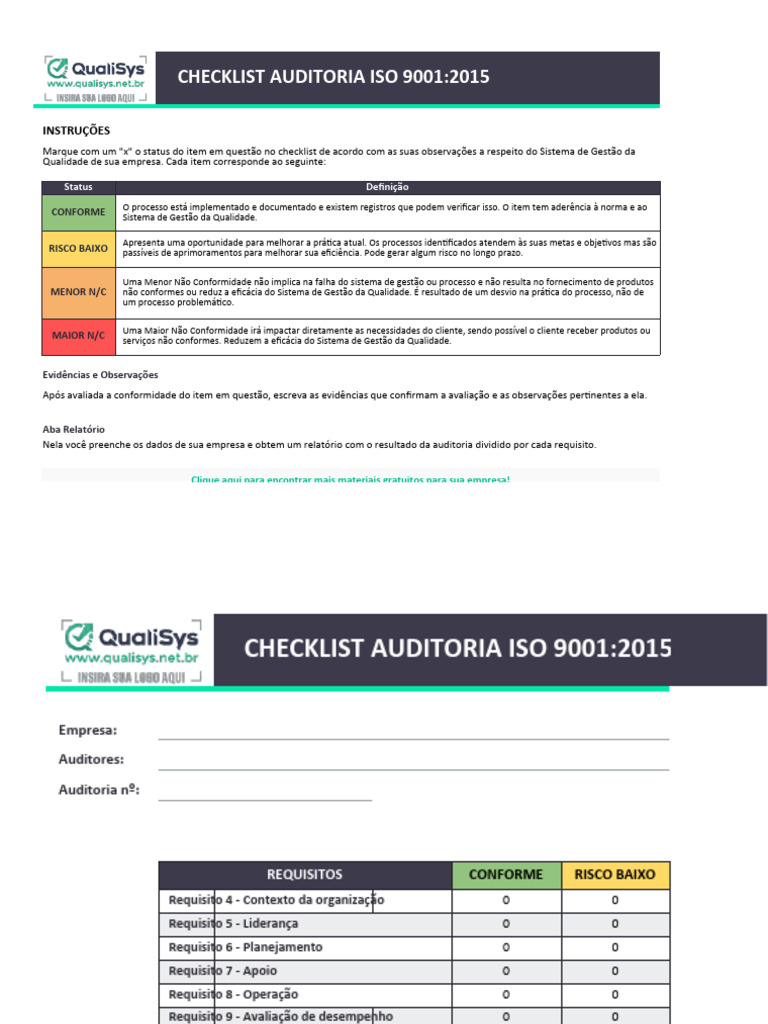 Checklist Auditoria ISO 9001:2015 | PDF | Qualidade (negócios) | Gestão ...