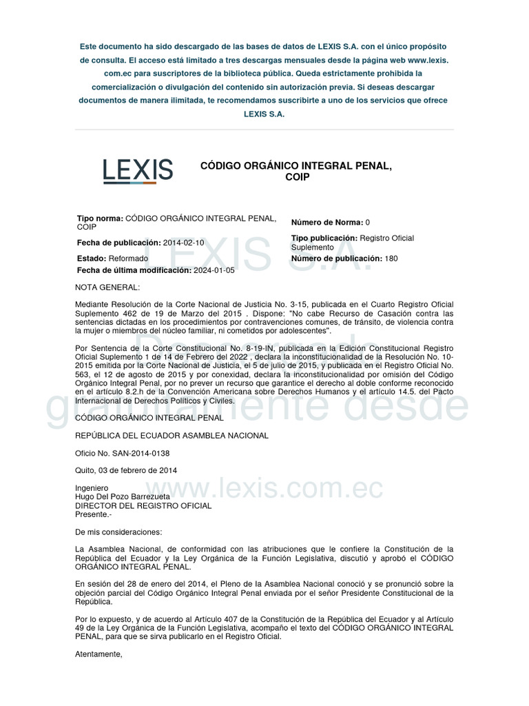 Coip 05 Enero 2024 LEXIS | PDF | Derecho penal | Ley procesal