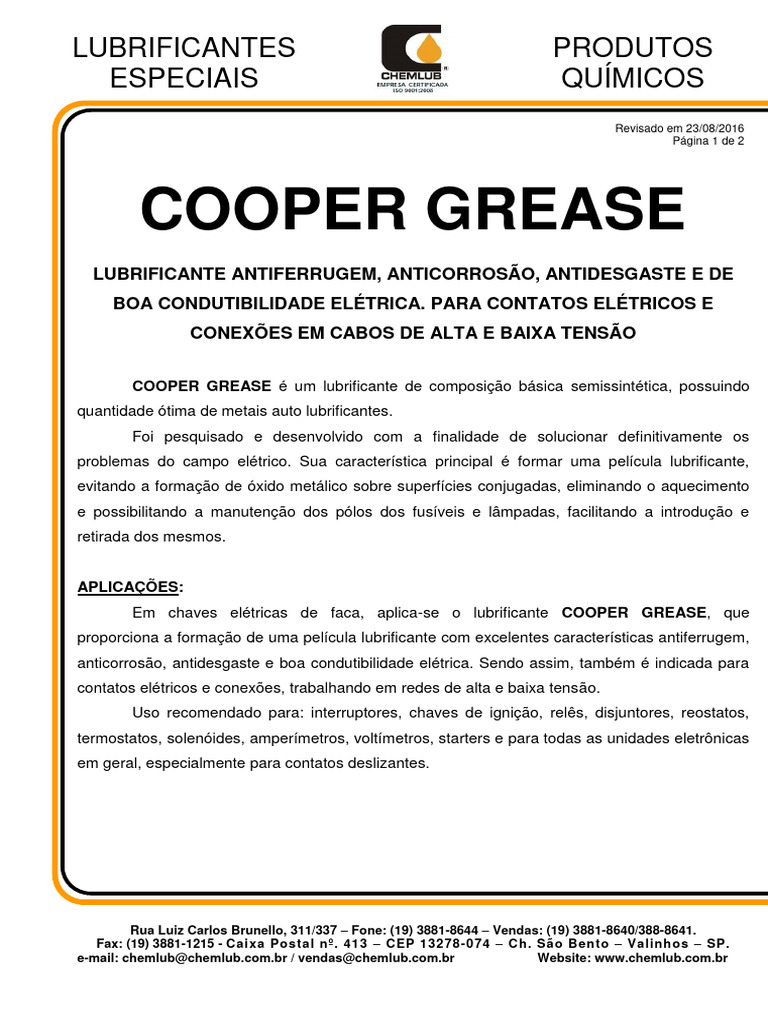 Lubrificante Cooper Grease para Contatos Elétricos | PDF | Metais ...