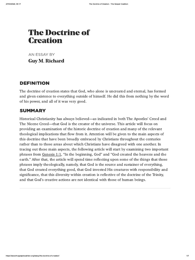 The Doctrine of Creation - The Gospel Coalitions | PDF
