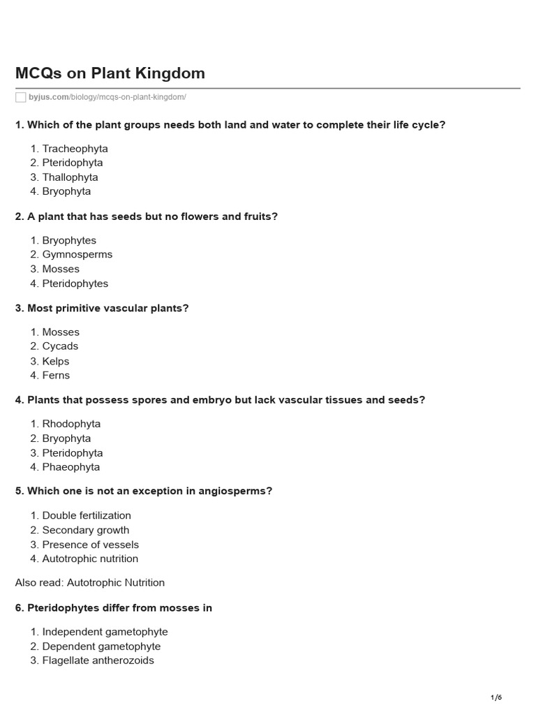 MCQs On Plant Kingdom | PDF | Spore | Plants